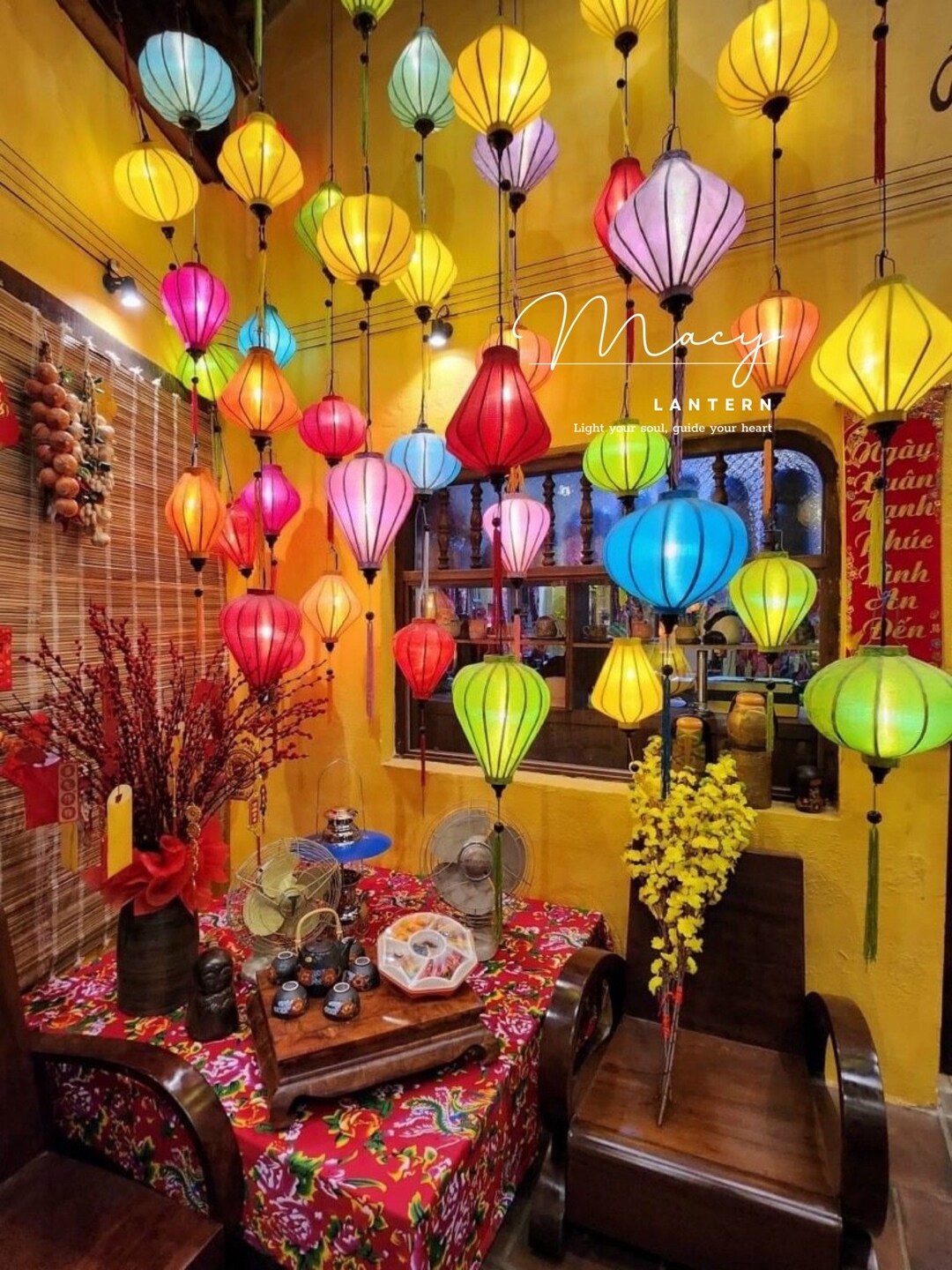 Set of 30 Hoi an Bamboo Silk Lanterns 35cm - Mix Shape and Color - Lamp ...