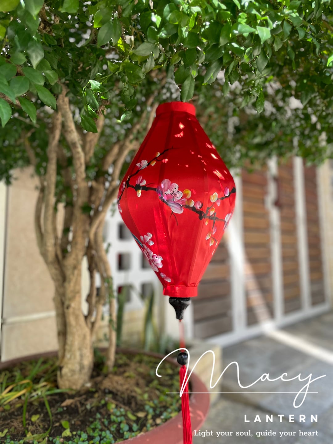 Bamboo Silk Lantern 47cm - Hand Painting With Birds and Peach Blossom ...