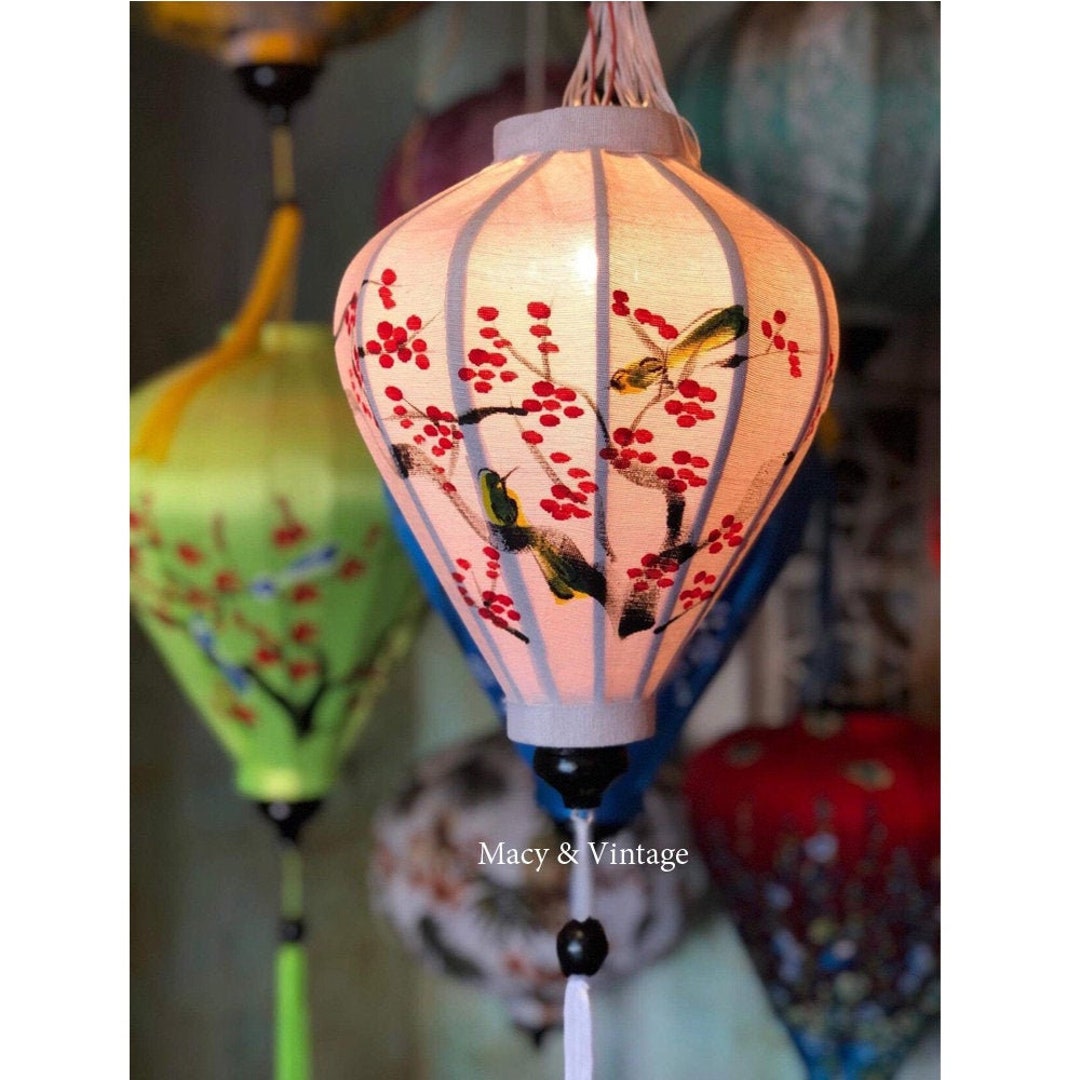 Hoi an Bamboo Lanterns 35cm - Hand Painted on Fabric With Bird and ...