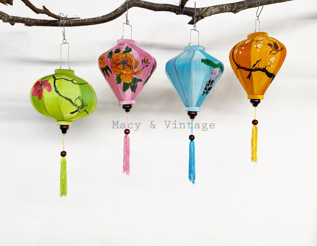 Set of 4 Bamboo Silk Lanterns 35cm Hand Painted on Fabric With Flowers ...