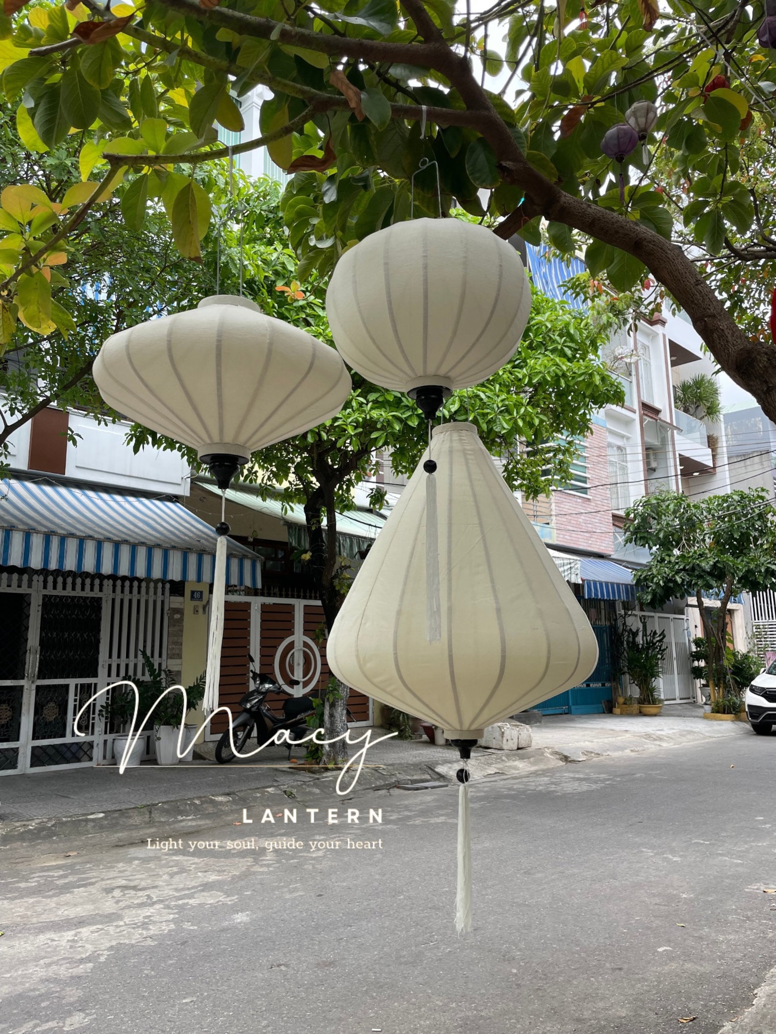 Set of 3 Hoi an Bamboo Lanterns: off White Mix Shape Patio Lamps (70cm ...