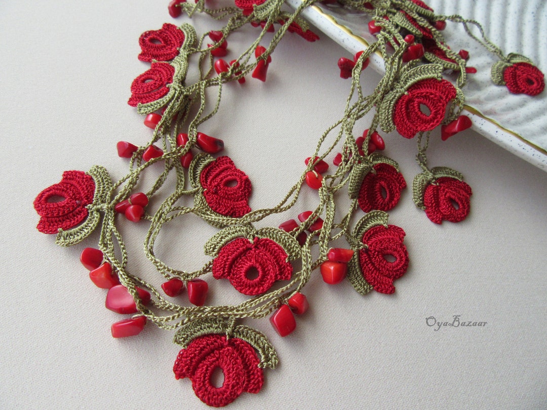 Red Rose Turkish Lace Oya Necklace, Coral Chip Bead Crochet Necklace ...