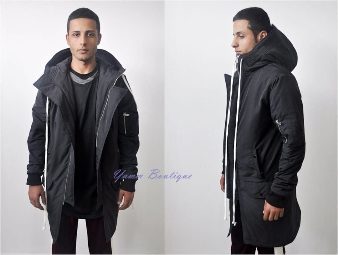 Men's Zipper Closer Hooded Long Parka / Full Lenght Jacket Coat / Full ...