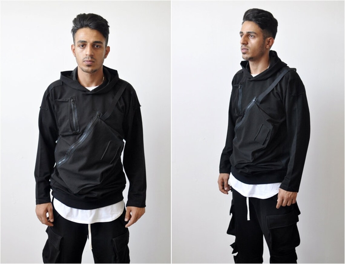 Front Chest Pocket Dark Hooded Sweater Hong Kong Style Street - Etsy