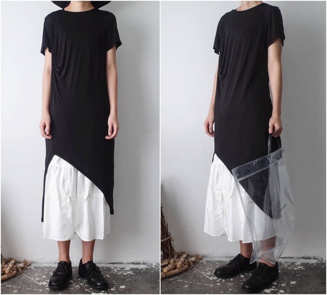 Women Black Side Long Slit Dark Pleated Asymmetric Short - Etsy
