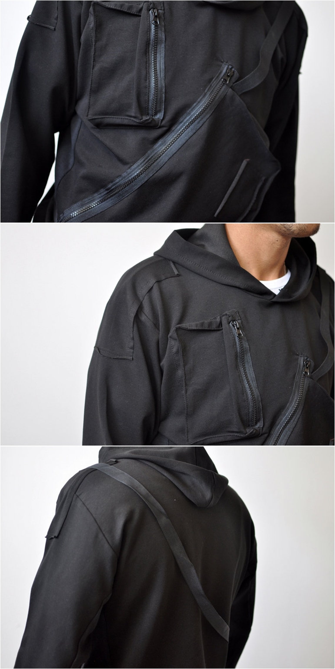 Front Chest Pocket Dark Hooded Sweater Hong Kong Style Street - Etsy