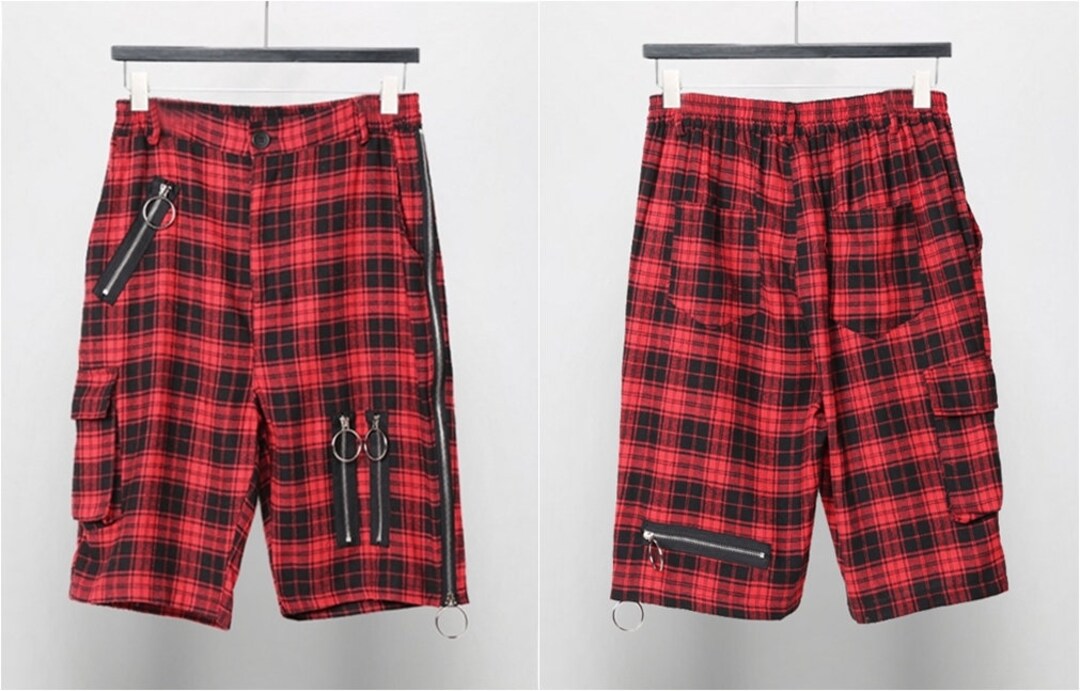 Summer Original Street Fashion Zipper Red Check Cargo Short / - Etsy