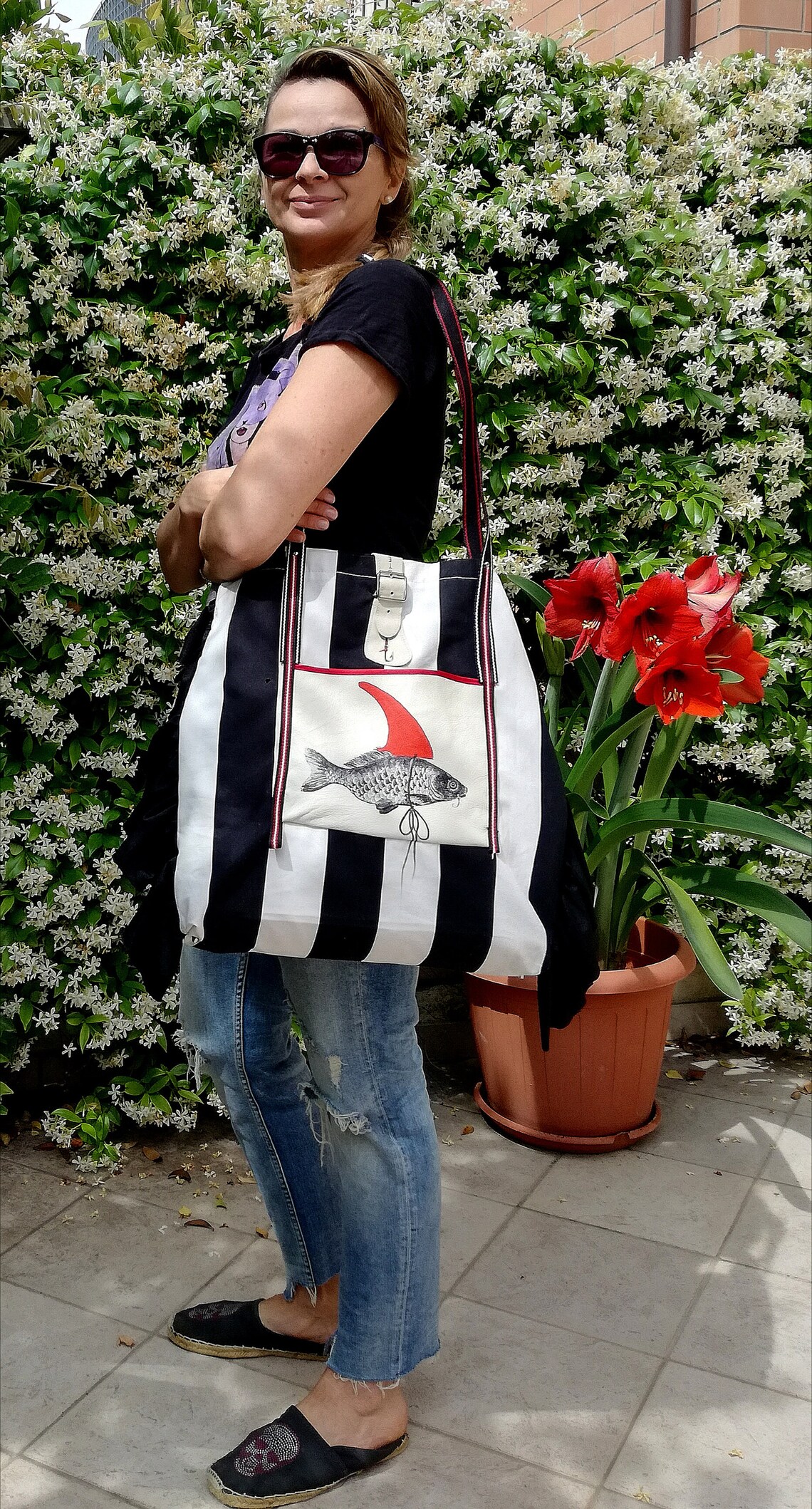 Striped Bag With Leather Pocket "shark Fish", Striped Hobo, Striped Bag ...