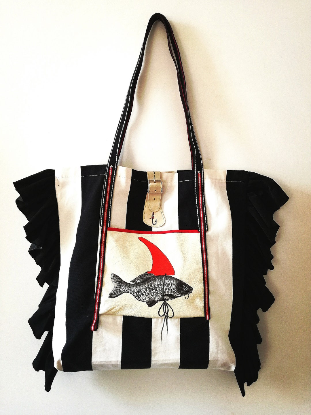 Striped Bag With Leather Pocket "shark Fish", Striped Hobo, Striped Bag ...