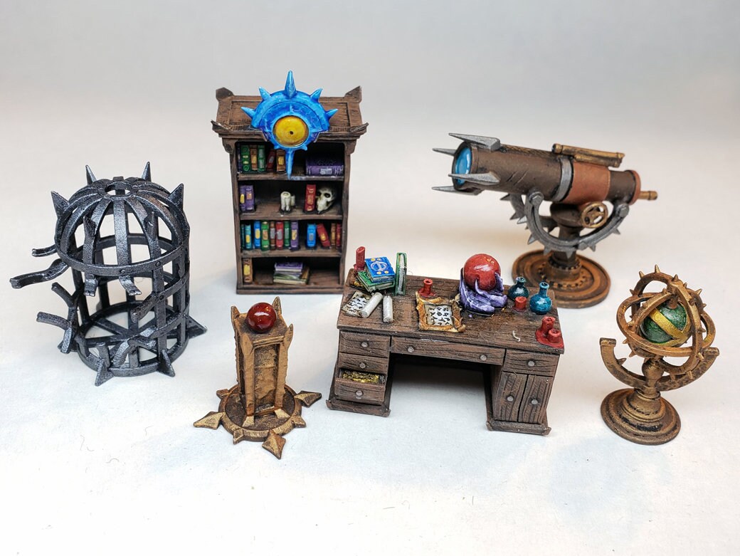 Painted Wizard Furniture Library Shelf Table Orb Cage Throne Miniature ...