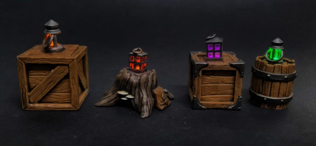LED Painted Lanterns on Crate, Barrel, Tree Stump Dungeon City Terrain ...