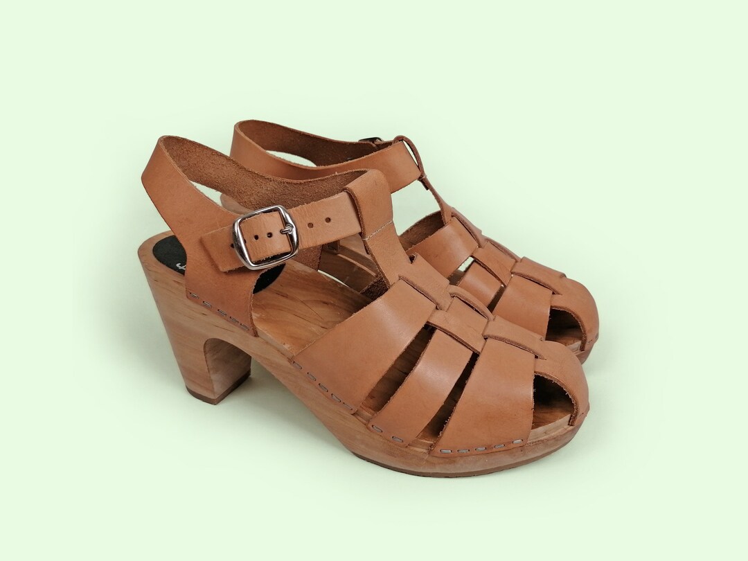 FUNKIS Swedish Forms Sandals Tan Leather Wooden Clog Heels Retro Boho ...