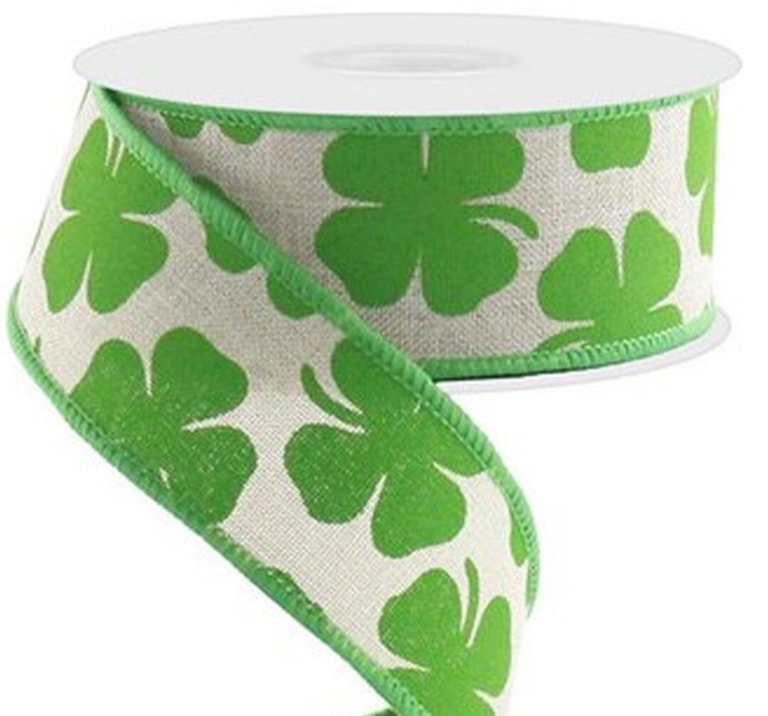 1.5" X 10yd Light Natural Canvas Ribbon With Green Shamrocks, Wired St ...
