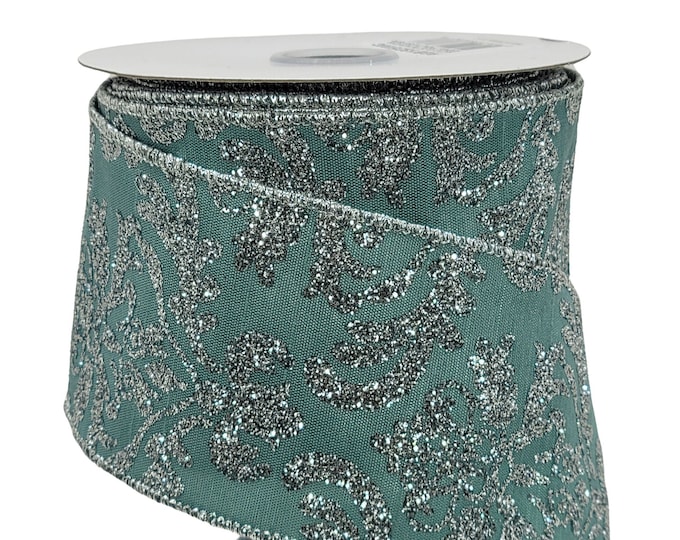 2.5" X 10yd Aqua & Silver Glitter Bold Damask Dupioni Wired Ribbon ...