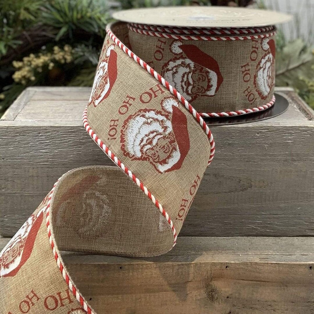 2.5 X 10yds D.stevens Natural Ribbon With Santa Claus Head Red & White ...