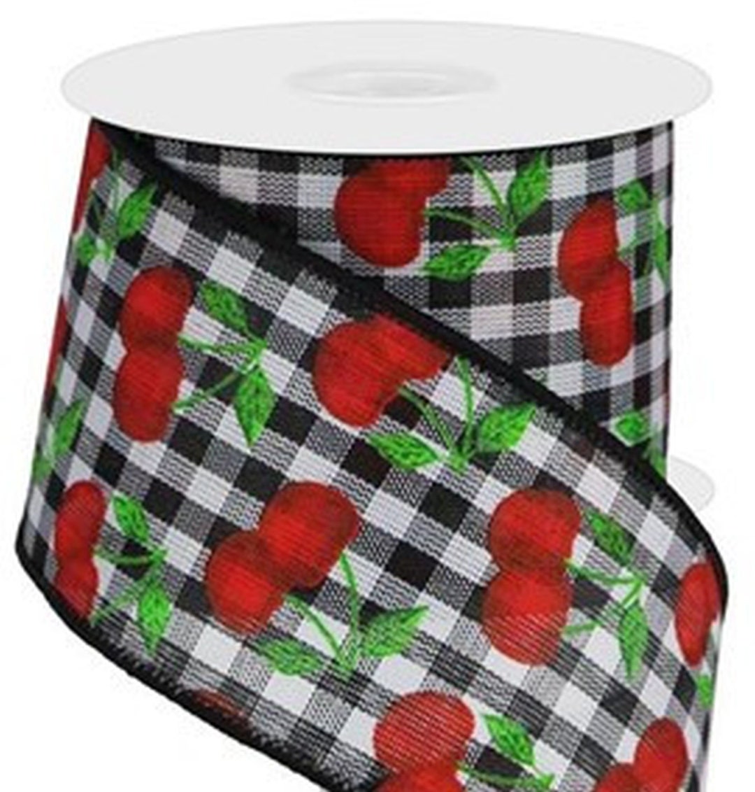 2.5" X 10 Yds Black & White Check Ribbon With Red Cherries, Wired ...