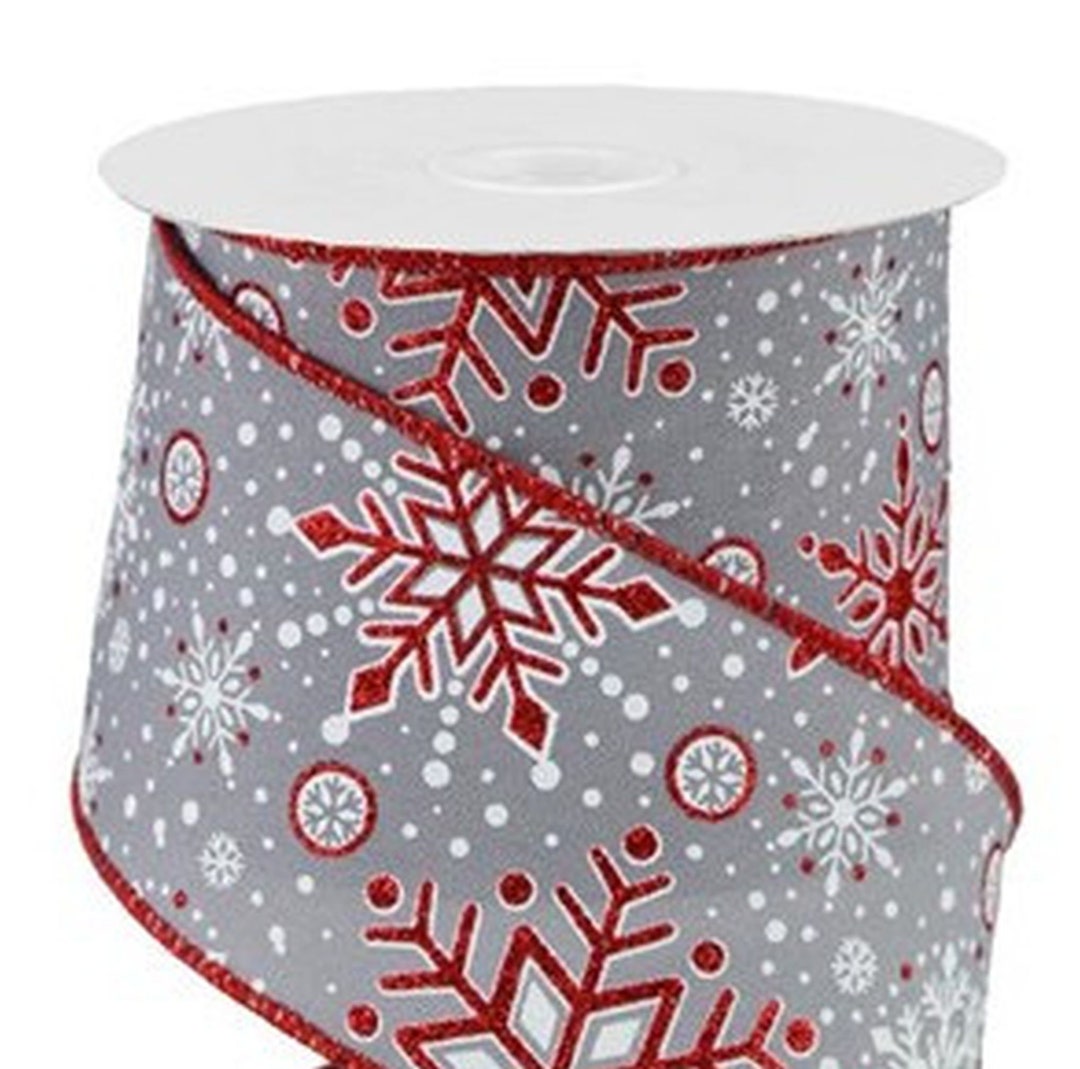 2.5 X 10yd Grey Canvas Ribbon With Red & White Glitter Snowflakes ...