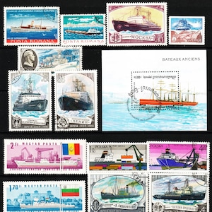 20 Ship Postage Stamps and 1 Souvenir Sheet Freighter Commercial ...