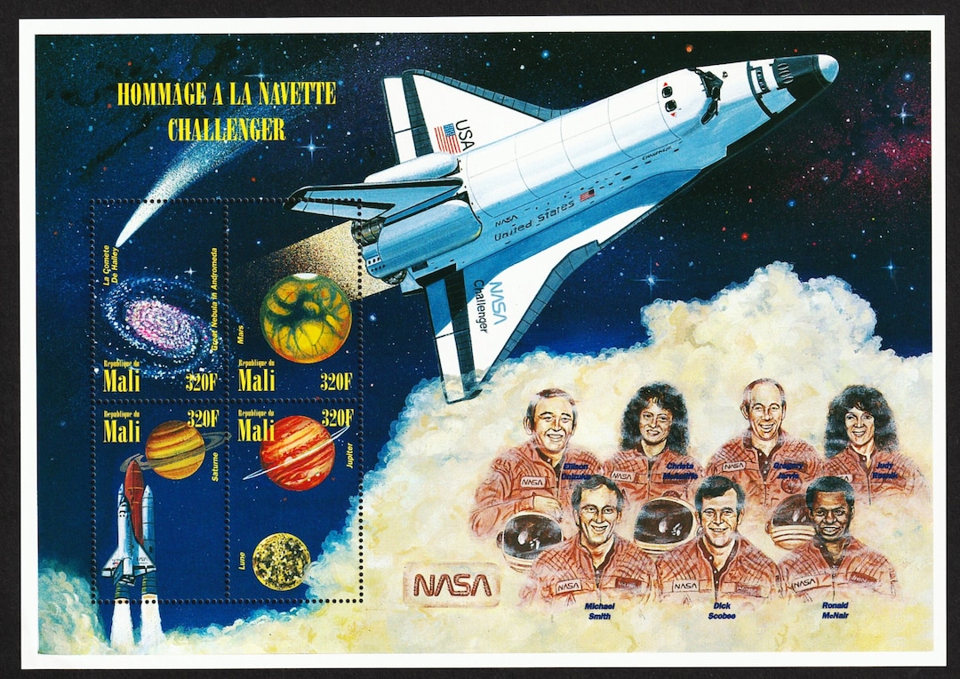 CHALLENGER Stamp Sheet NASA Space Shuttle Astronauts 4 Planet Stamps for Crafts Stickers Collage ...