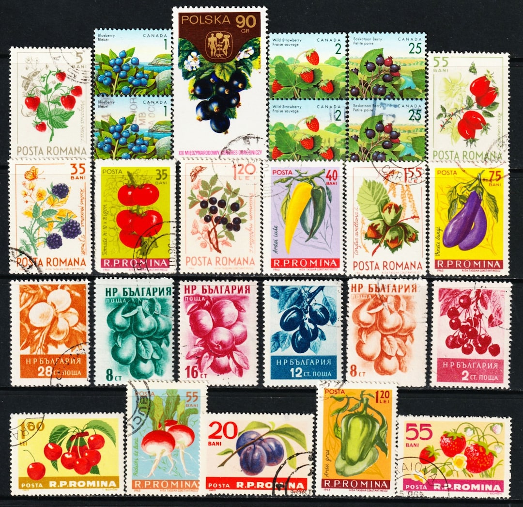 BERRIES FRUITS VEGETABLES Postage Stamps Lot for Crafts Sticker Collage ...