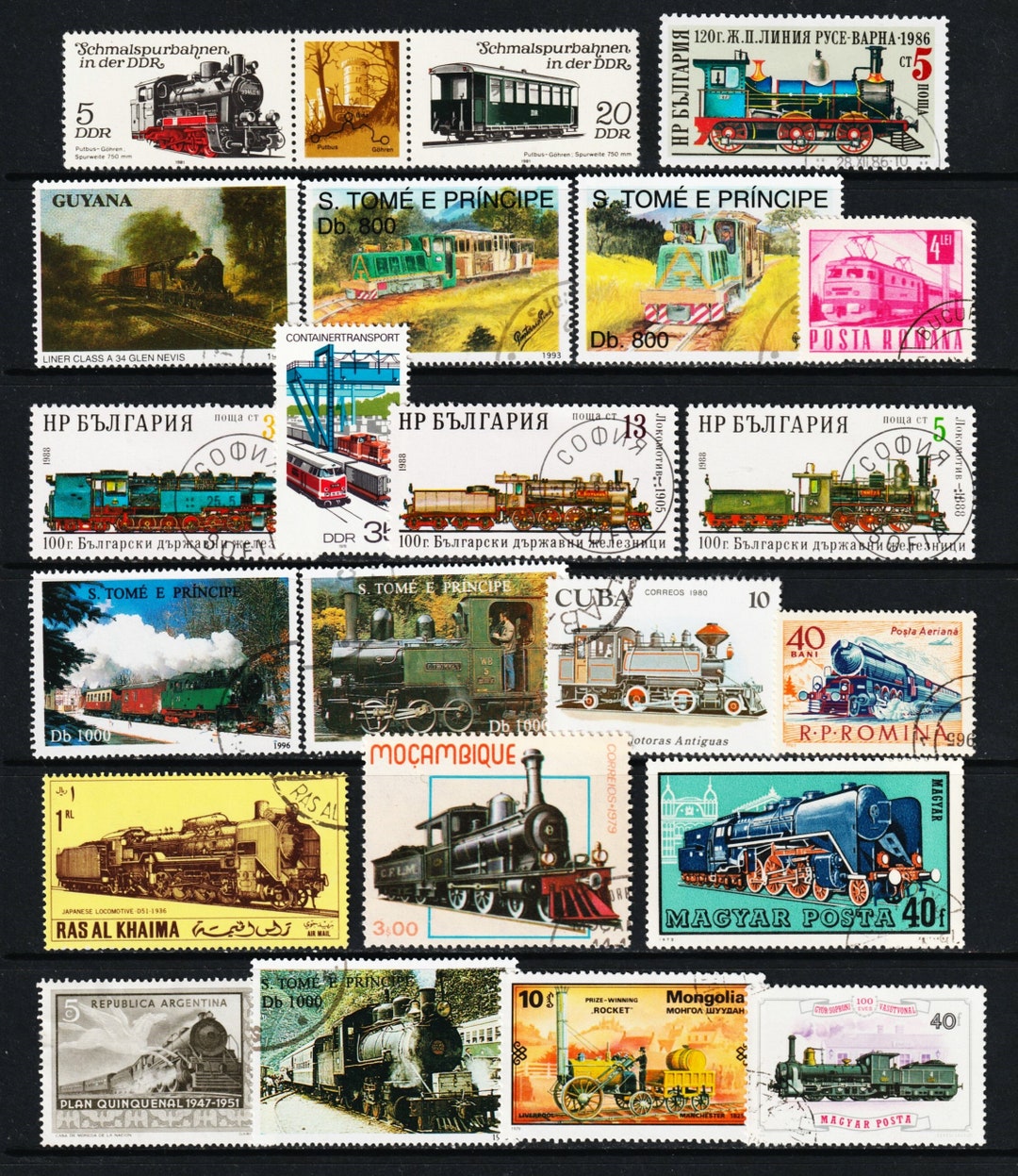 20 Vintage TRAIN ENGINES Railroad Locomotive History Worldwide Postage ...