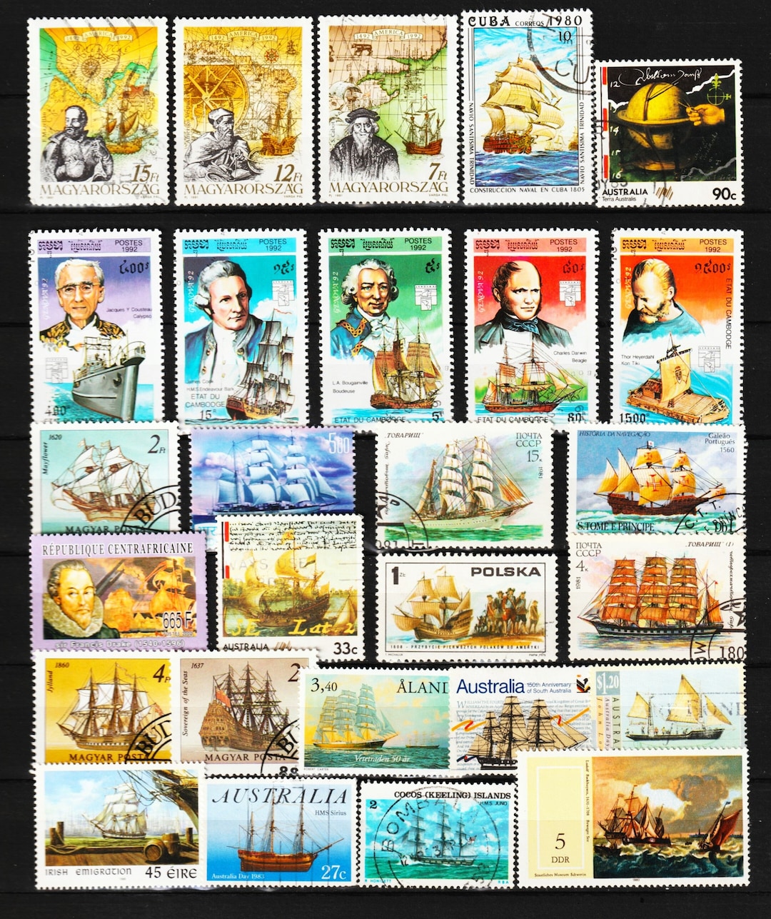 Vintage Masted SAILING SHIPS 25 Postage Stamps History of Explorers ...
