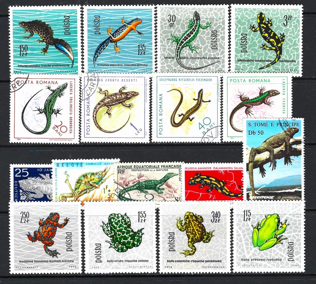 15 LIZARDS and FROGS Vintage Postage Stamps for Crafts Stickers Art ...