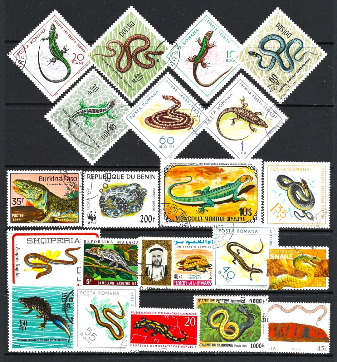 20 Lizards and Snakes Postage Stamps Reptile Ophiology Collecting ...