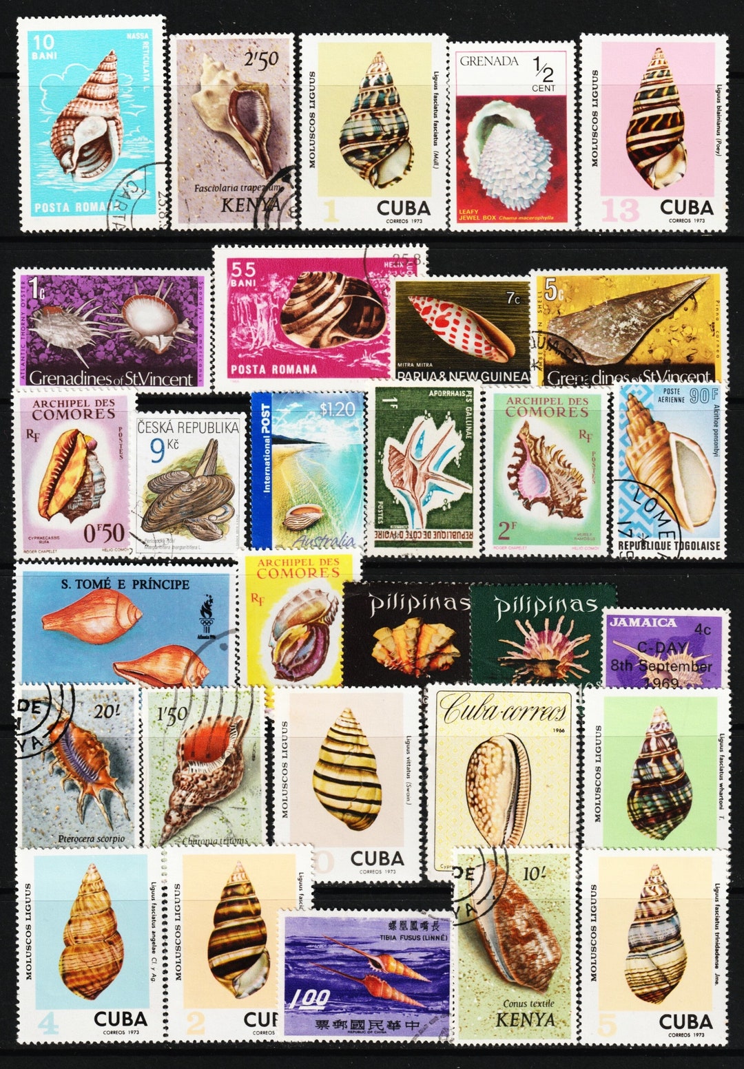 30 SEA SHELLS Worldwide Vintage Stamps for Crafts Collage Art Journals ...