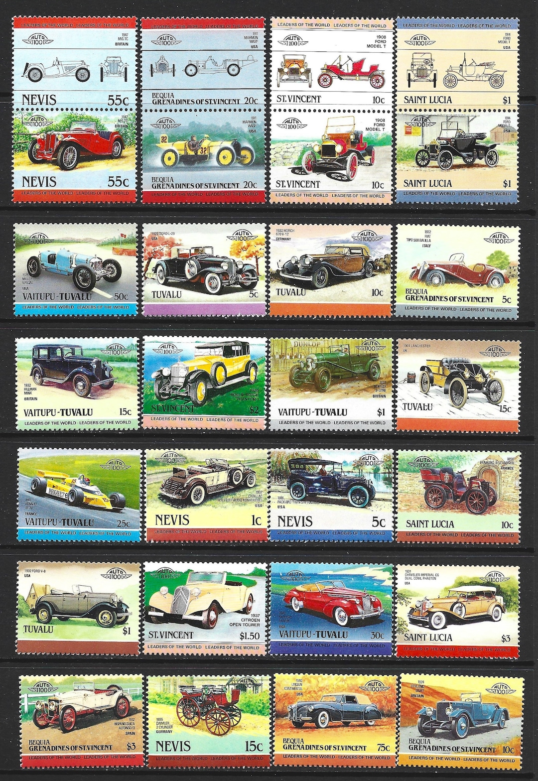 24 Vintage CAR Mint Postage Stamps Model T Ford MG Sports Car History ...
