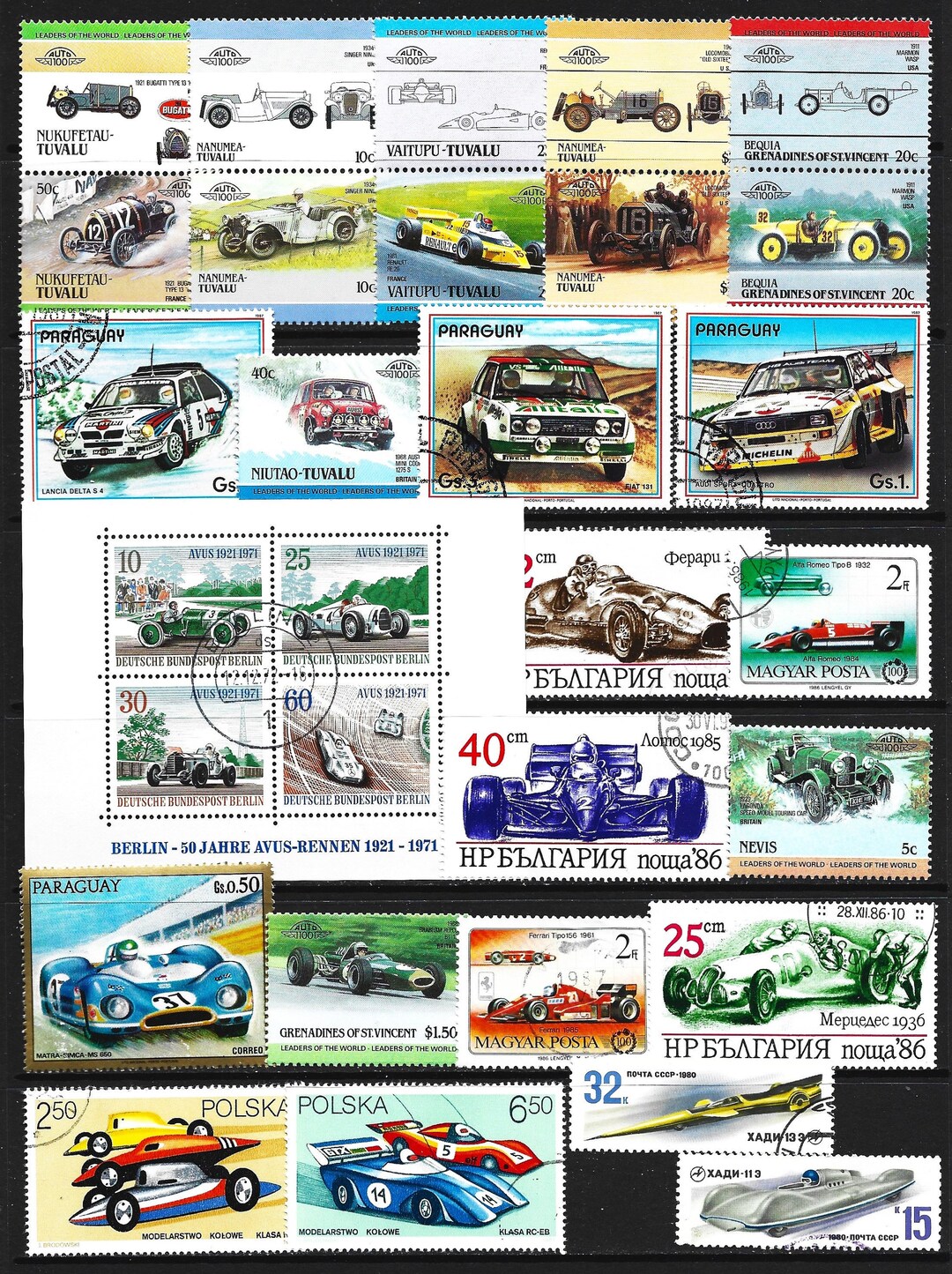 20 Vintage RACE CARS Postage Stamps and Souvenir Sheet Racing Auto Car ...