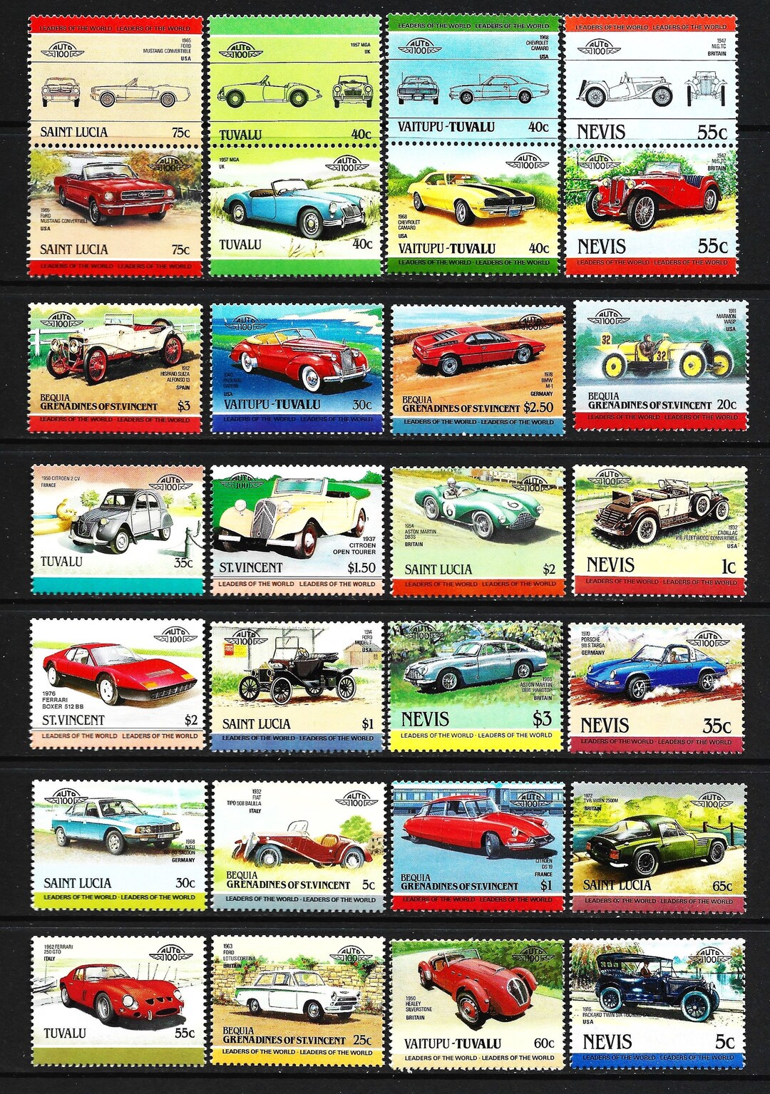 24 Vintage CAR Mint Postage Stamps Sports Cars History Ferrari Mustang ...