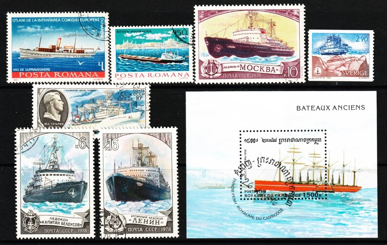 20 Ship Postage Stamps and 1 Souvenir Sheet Freighter Commercial ...