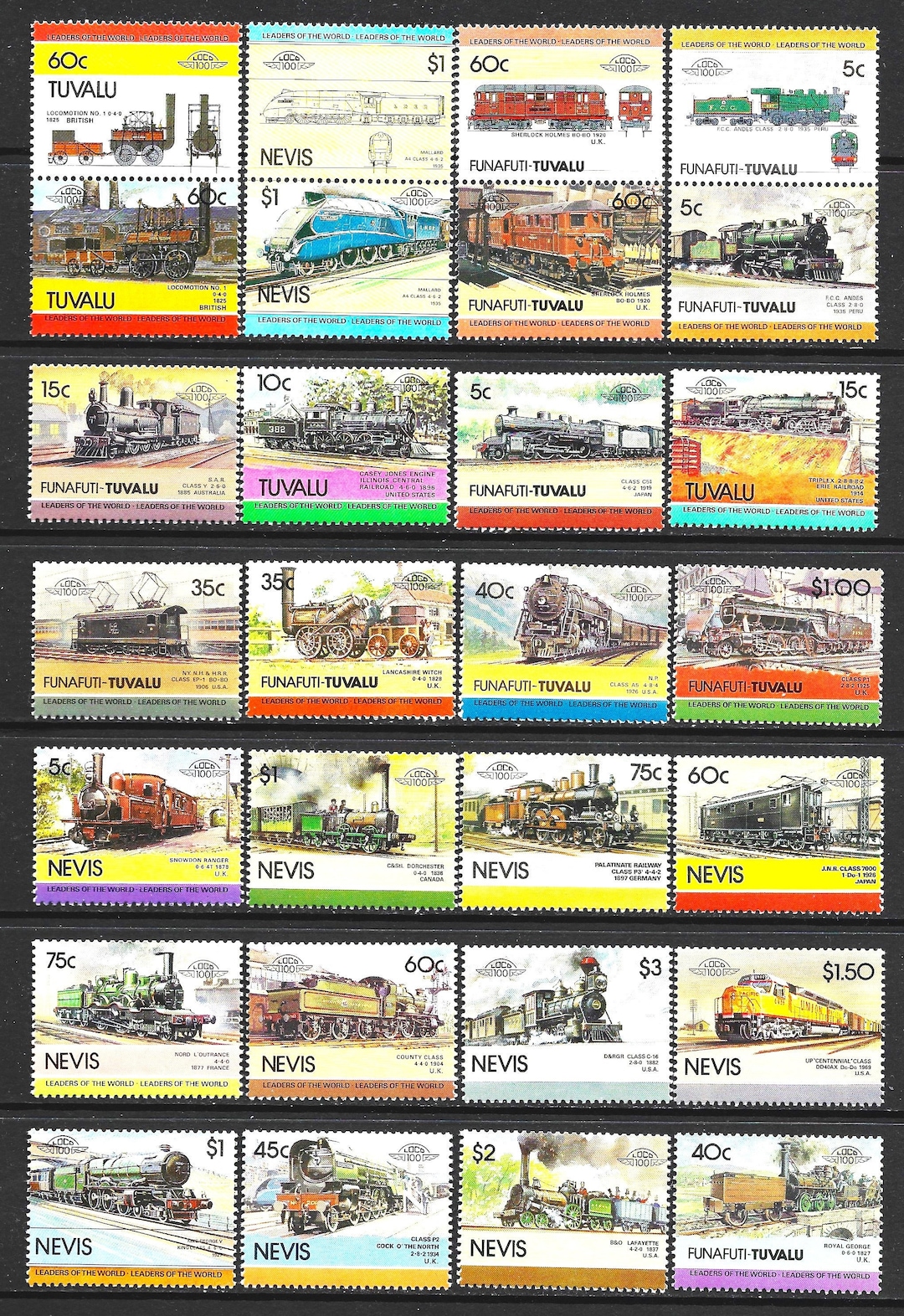 24 Stamps RAILROAD TRAINS Locomotives Postage Stamps Mint Train Engines ...