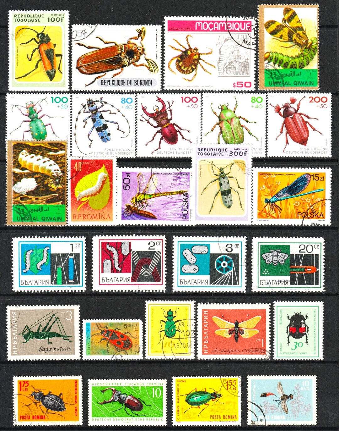 25 INSECTS and BEETLES Postage Stamps Silk Worms Industry Entomology ...