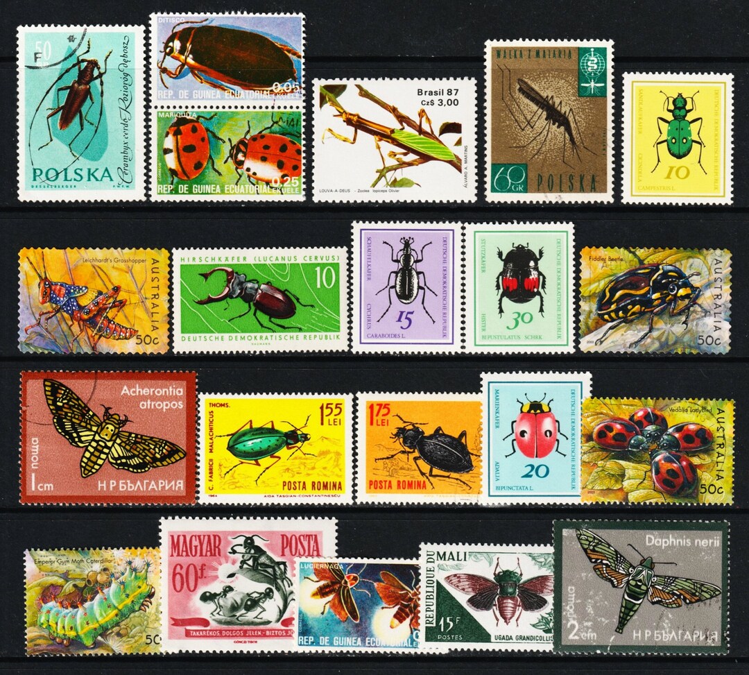 20 INSECTS BEETLES Lady Bugs Moths Grasshopper Postage Stamps for ...
