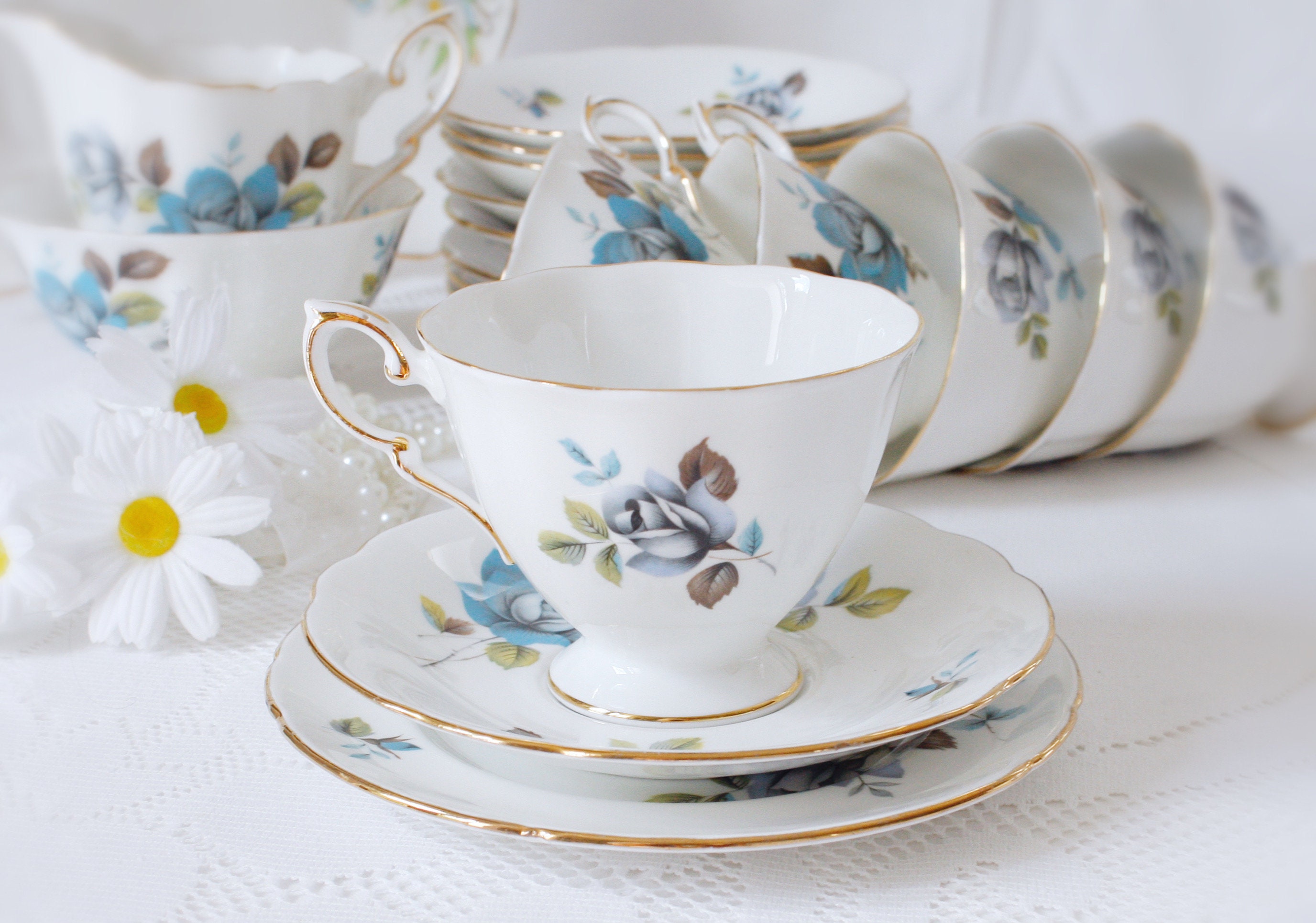 Paragon blue Mist English Tea Set: Blue Roses Decorate - Etsy UK