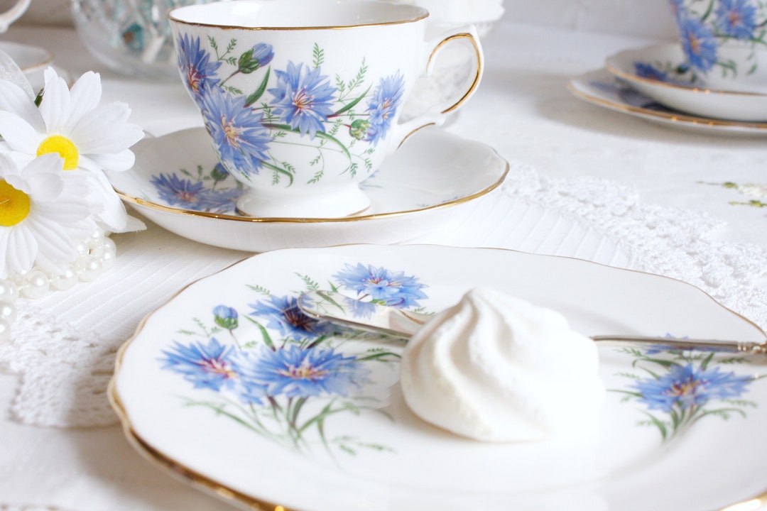 English Tea Set: Royal Vale blue Cornflower Tea Cup, Saucer and Tea ...