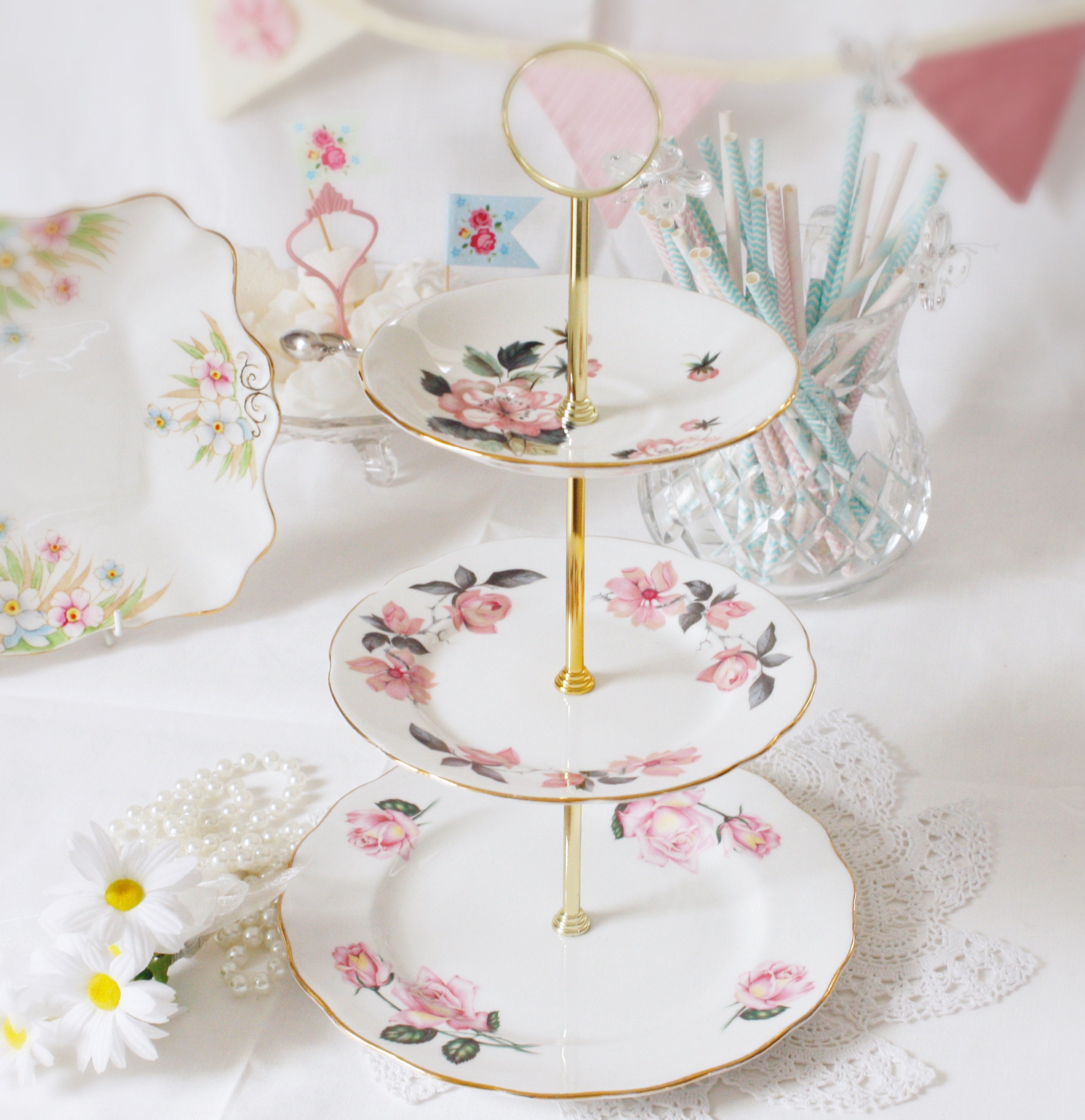 3 tier pink and apricot cake stand: three tier English bone | Etsy