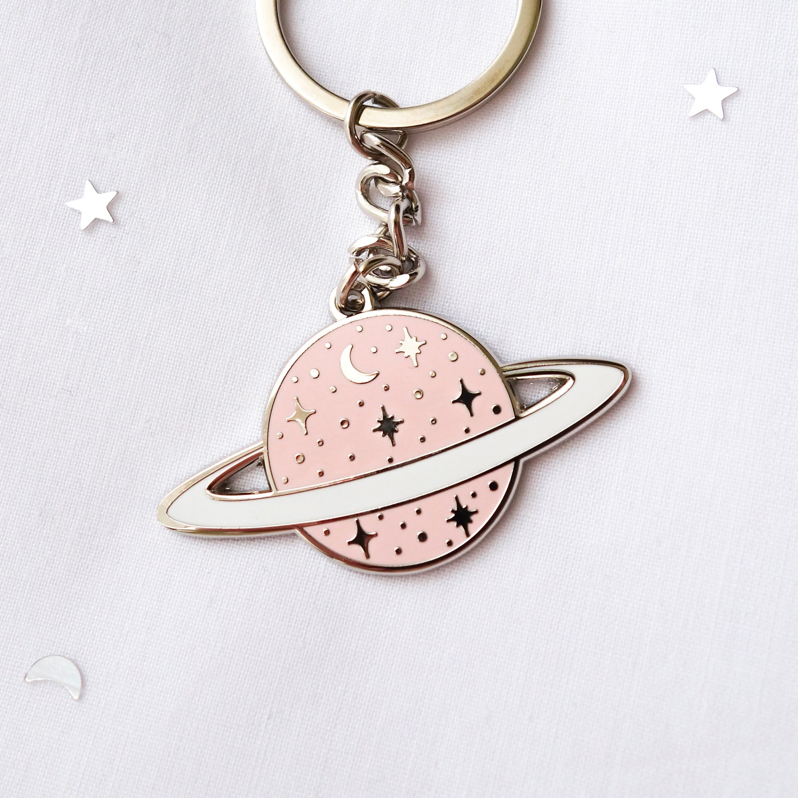 Pink planet keychain hard enamel keychain space Saturn | Etsy