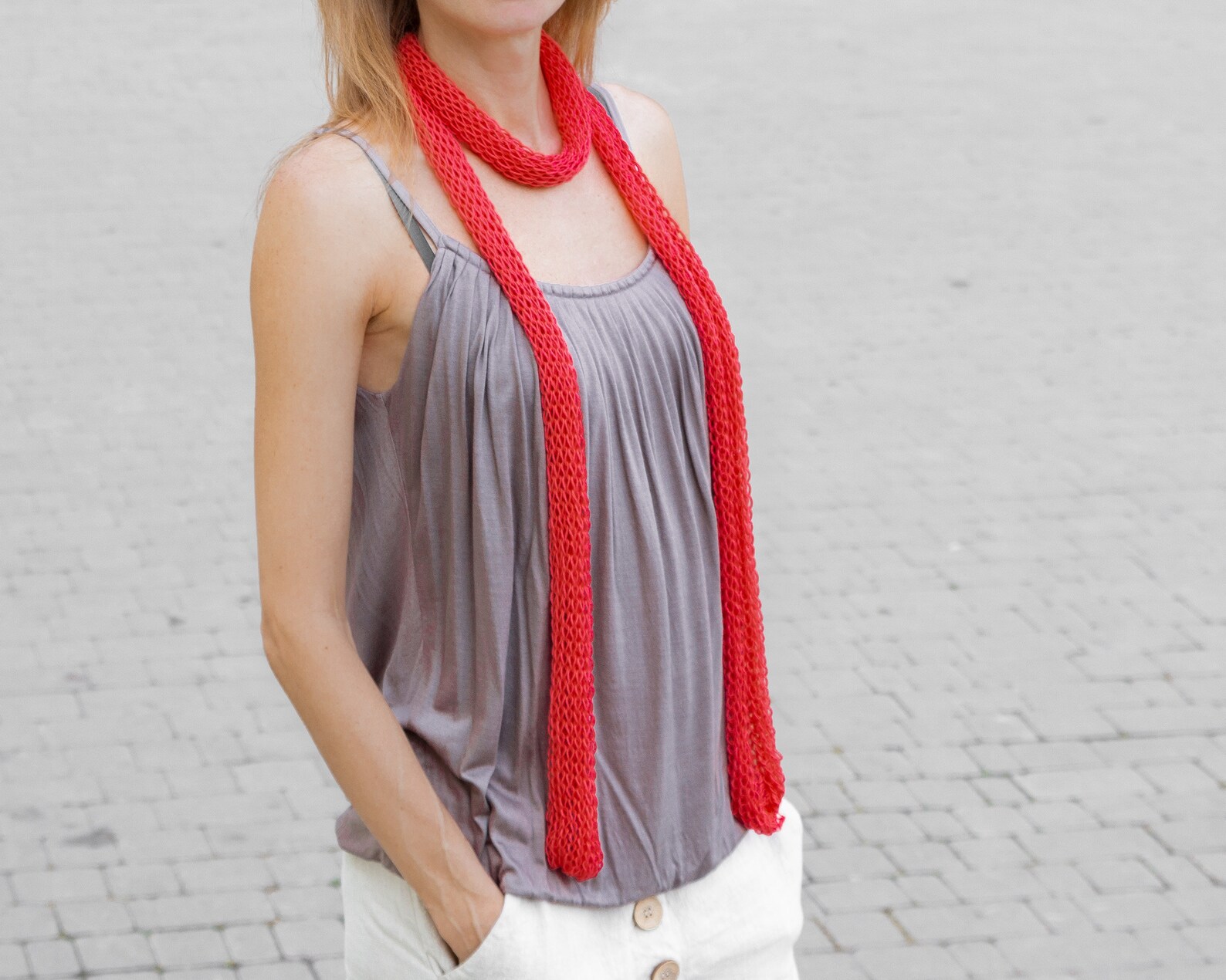 Red Long Skinny Scarf Lightweight Thin Scarf Hand Knit Summer Scarf ...
