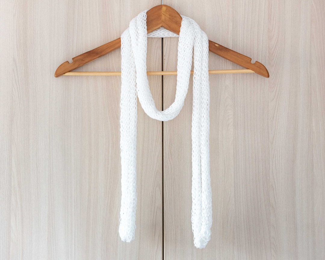 White Skinny Scarf Tie Long Thin Cotton Scarf Hand Knit Narrow Scarf ...