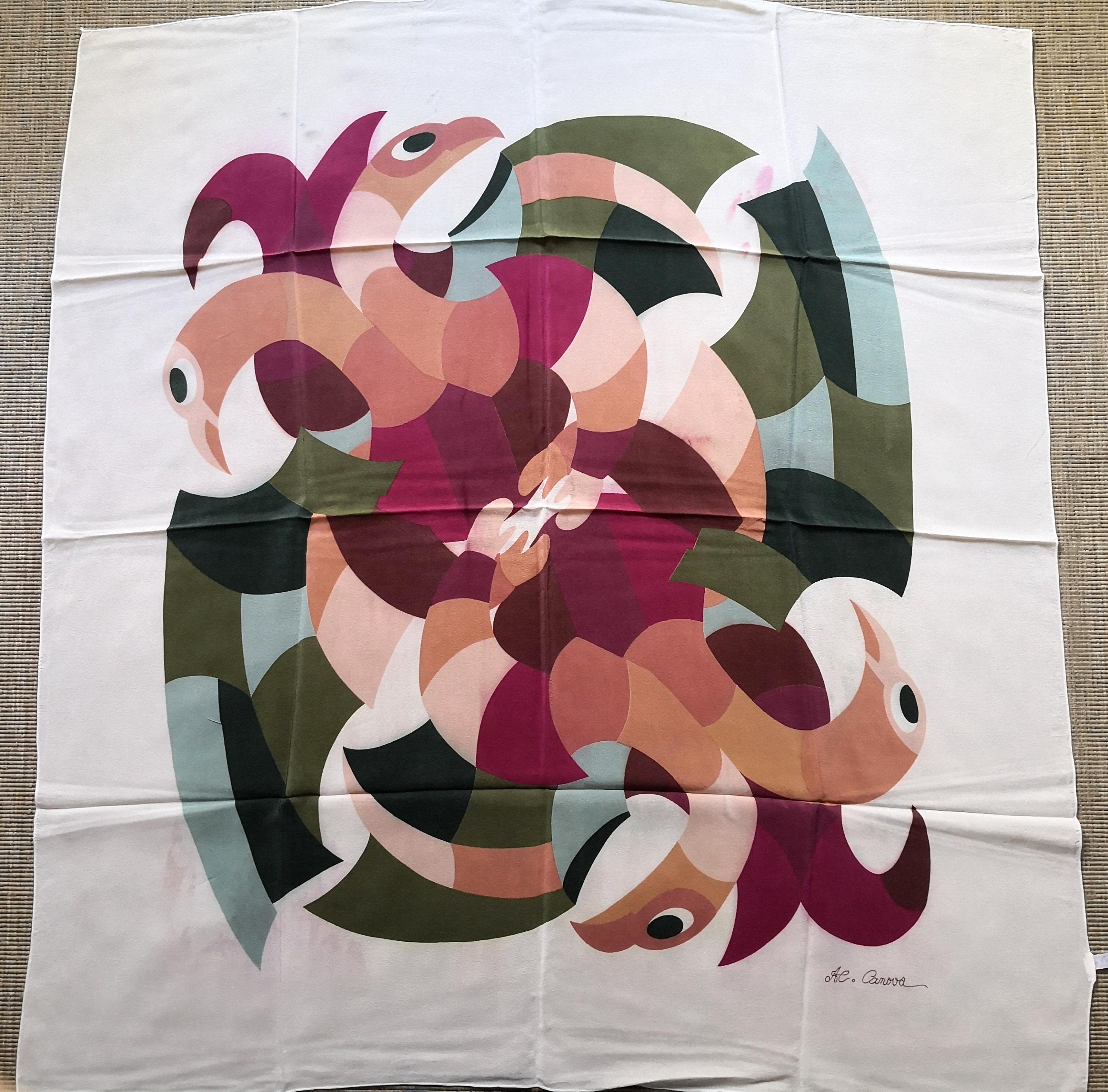 Foulard AC CANOVA vintage en soie multicolore avec motif oiseaux 77x82 ...