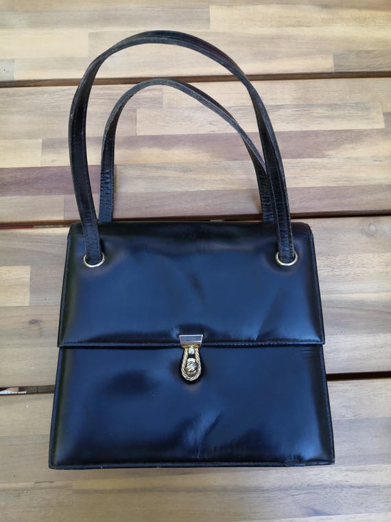 Vintage late50s early 60s black leather handbag with … - Gem