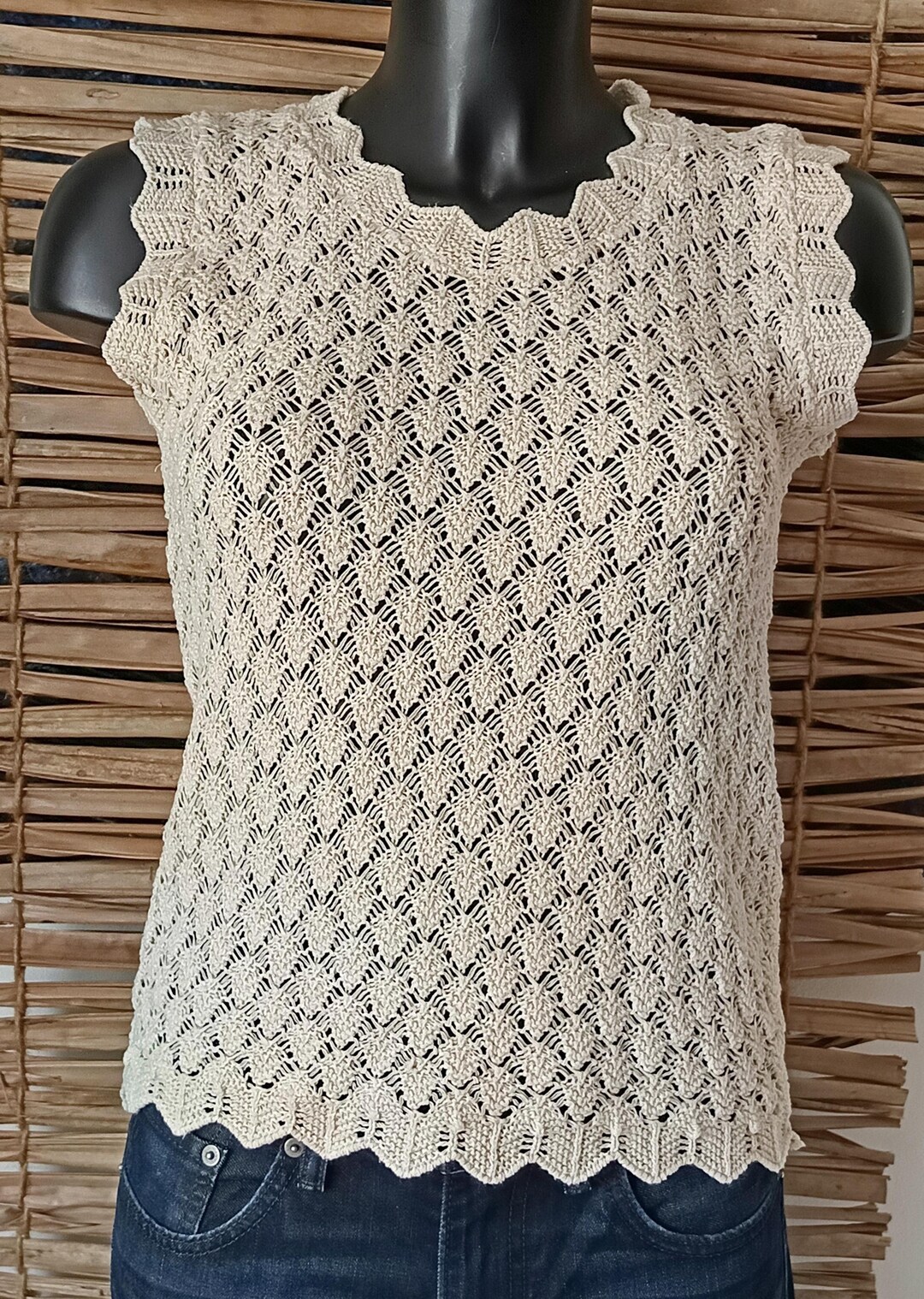 Vintage 70s80s TRICOTS NERCY Paris Beige Openwork Knitted Sleeveless ...