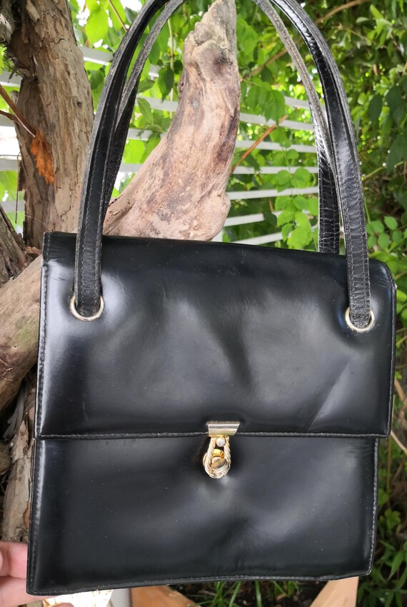 Vintage late50s early 60s black leather handbag with … - Gem