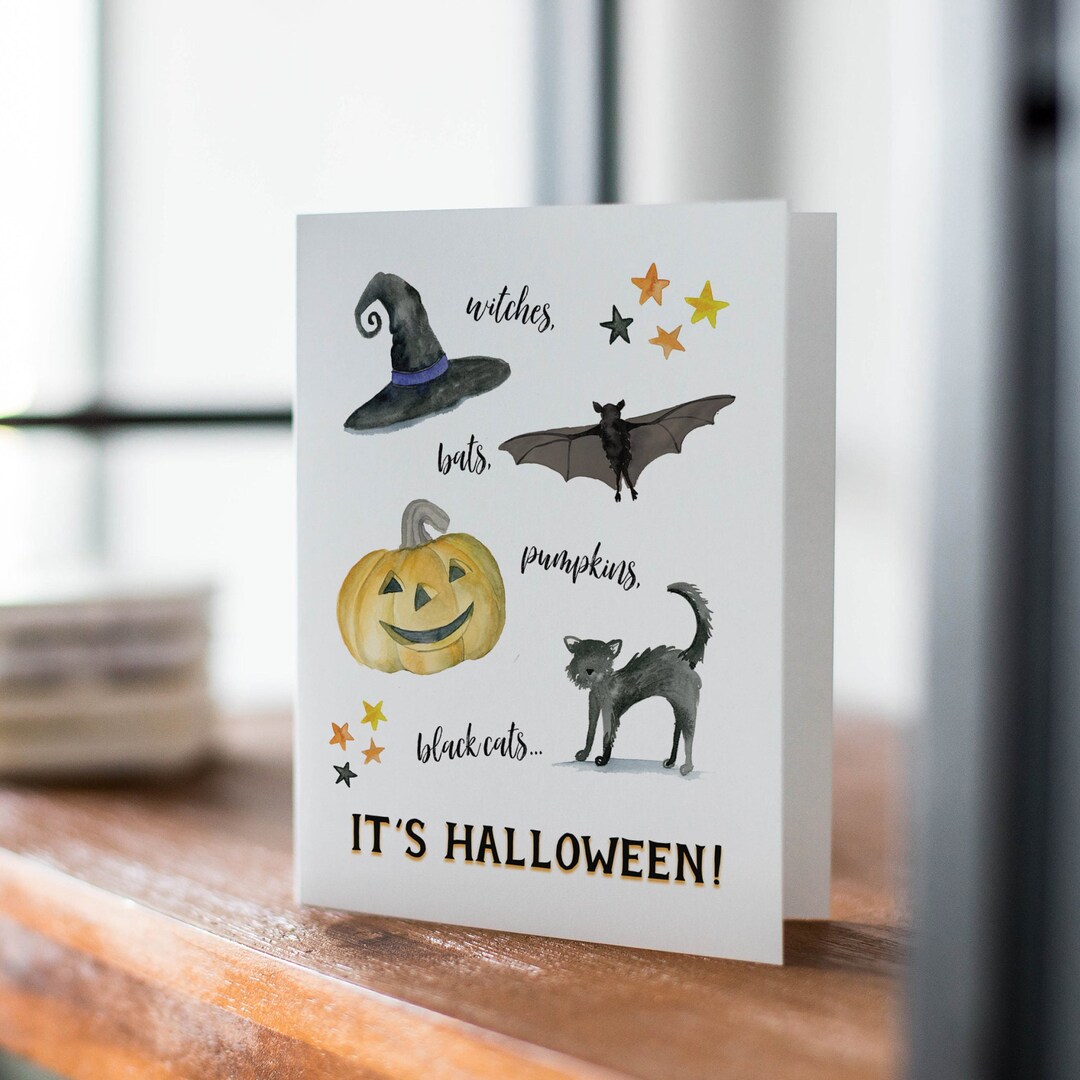 Watercolor Halloween Card | Witches, Bats, Pumpkins - Etsy
