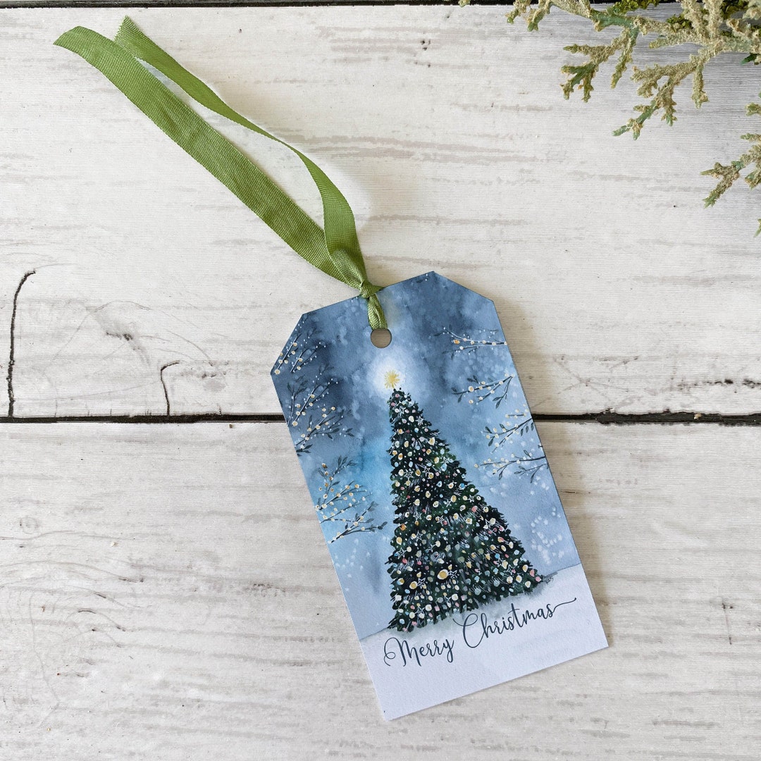 Watercolor Christmas Tree Gift Tag | Silk Ribbon Set - Etsy