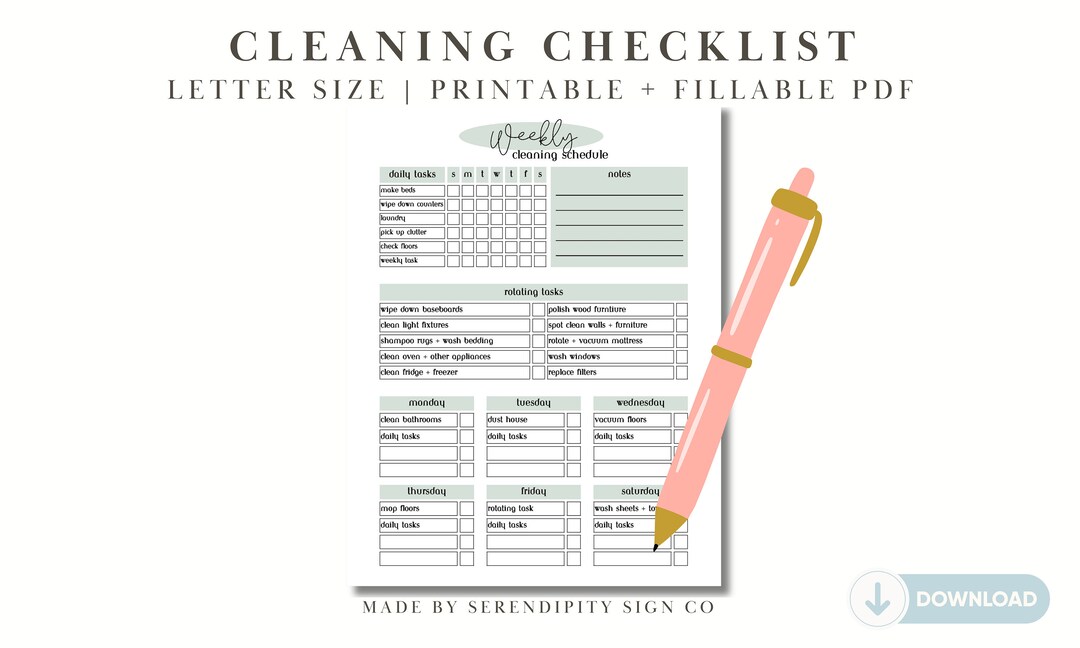 Cleaning Checklist Printable Portrait, Template, Cleaning Tracker ...