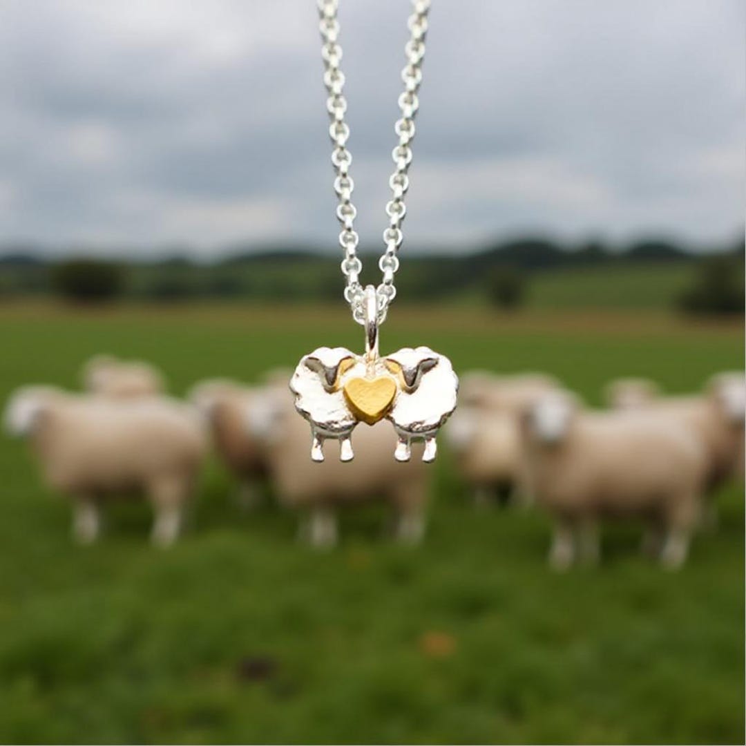 Silver Sheep Necklace, 2 Sheep Pendant, Gold Heart Necklace, Tiny ...